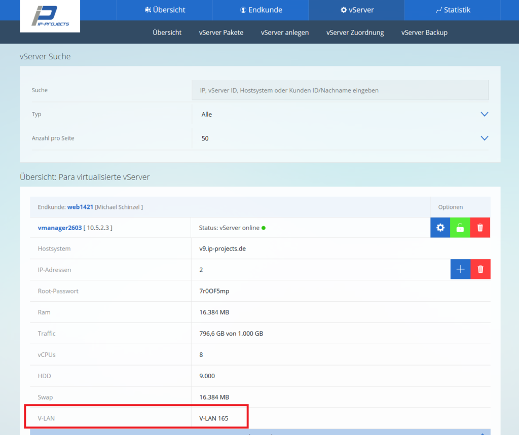 vServer Webinterface V-LAN Management